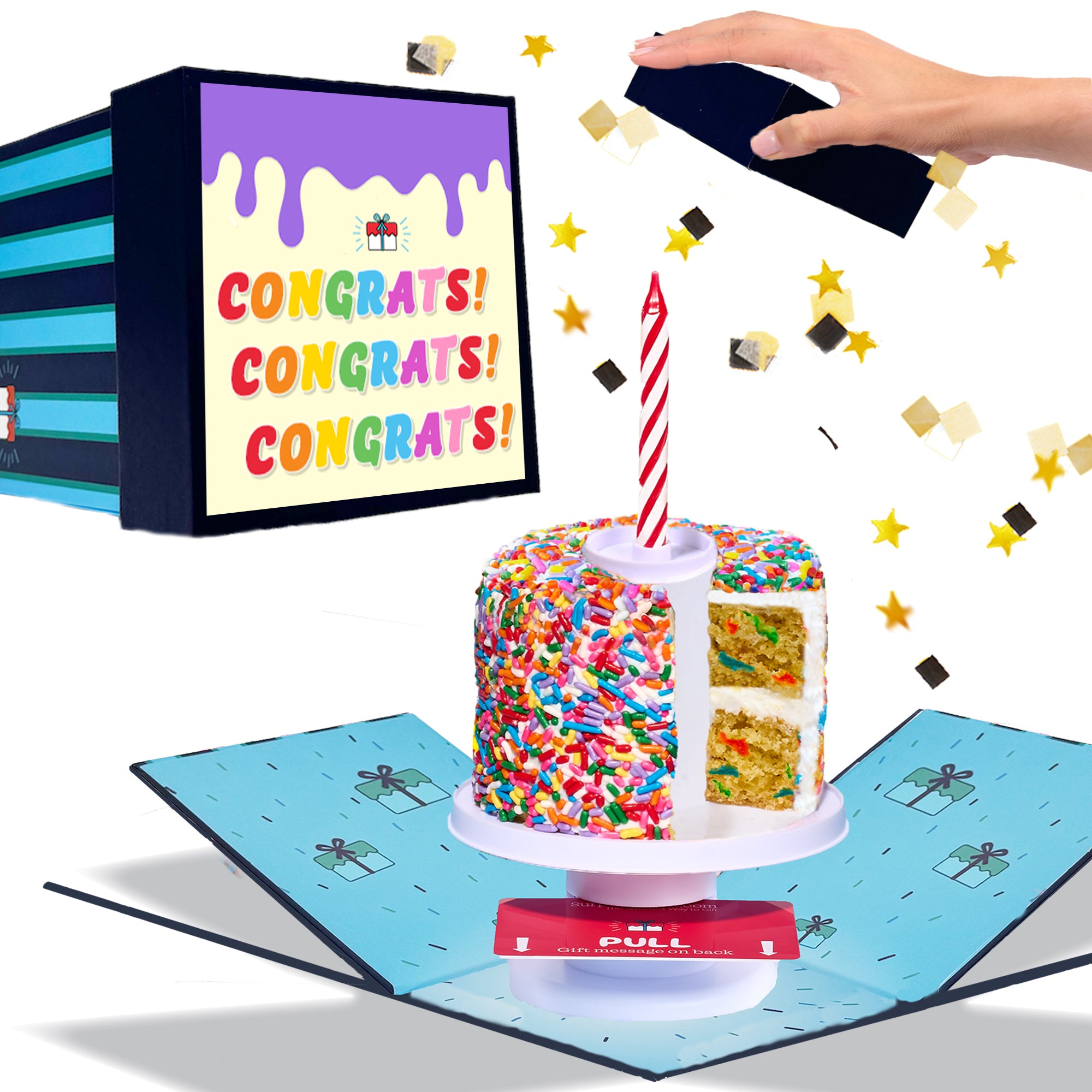 Congratulations Box - 4" Rainbow Vanilla Surprise Cake with Star Confe